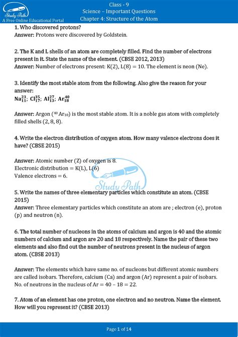 Important Questions For Class 9 Science Chapter 4 Structure Of The Atom