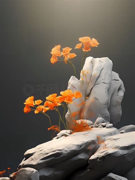 产品背景ai数字艺术 一片空白的岩石和橙色的花朵产品背景 Ai背景免费下载png格式2784像素编号69487323 千图网