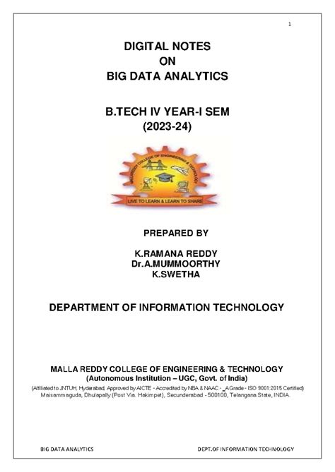 Big Data Analytics Malla Reddy Digital Notes On Big Data Analytics B Iv Year I Sem 2023 24