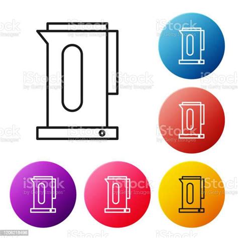 흰색 배경에 격리 된 핸들 아이콘이있는 검은 색 선 주전자 주전자 아이콘입니다 아이콘 다채로운 원 버튼을 설정합니다 벡터 일러스트레이션 강철에 대한 스톡 벡터 아트 및 기타