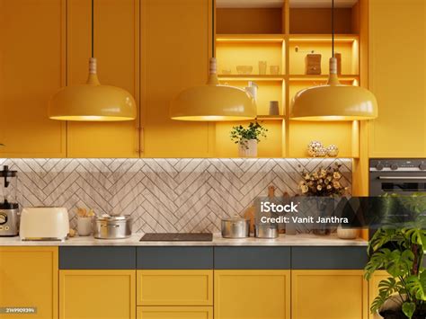 노란색 부엌 방과 모형 나무 판금 벽의 미니멀한 인테리어 디자인 3d 렌더링 부엌에 대한 스톡 사진 및 기타 이미지 부엌 노랑 음식 Istock