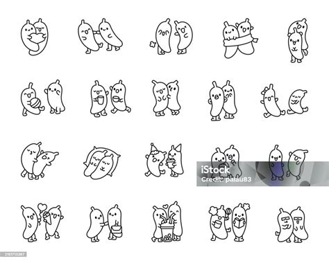 바나나 캐릭터의 쾌활한 커플 색칠 공부 페이지 재밌는 과일 영웅들 손으로 그린 스타일입니다 벡터 그리기 디자인 요소 모음 가공의 인물에 대한 스톡 벡터 아트 및 기타 이미지