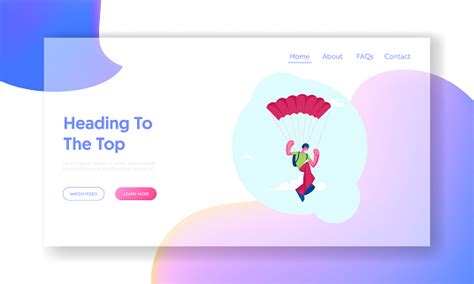 하늘 웹 사이트 방문 페이지에서 비행 낙하산 점퍼 헬멧에 장착된 스카이다이버와 슈트 돔 아래 슬링에 매달려 있는 고글 익스트림 활동 취미 웹 페이지 배너 만화 평면 벡터