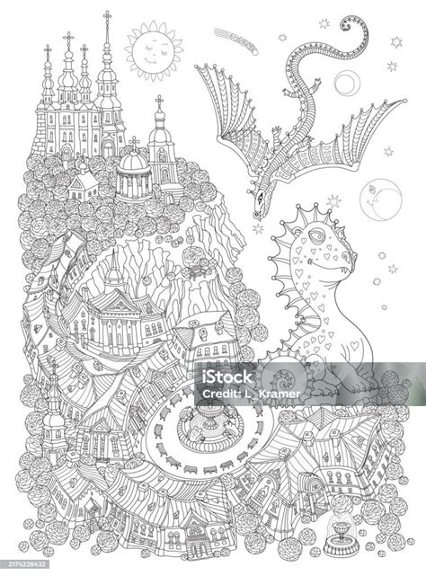 벡터 동화 풍경 손으로 그린 중세 유럽 도시와 드래곤 성인과 어린이 색칠 공부 페이지 0명에 대한 스톡 벡터 아트 및 기타 이미지 0명 개구리 거리 Istock