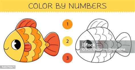 귀여운 금붕어가 있는 아이들을 위한 숫자 색칠하기 책 색칠하기 예제가 있는 만화 물고기가 있는 색칠 페이지 흑백 및 컬러 버전