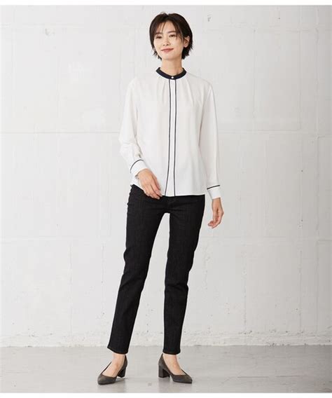 J PRESSジェイプレスの洗える ヌーディスバックサテンジョーゼット バイカラー ブラウスシャツ ブラウス WEAR