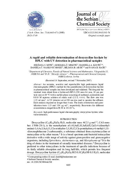 Pdf A Rapid And Reliable Determination Of Doxycycline Hyclate By Hplc With Uv Detection In