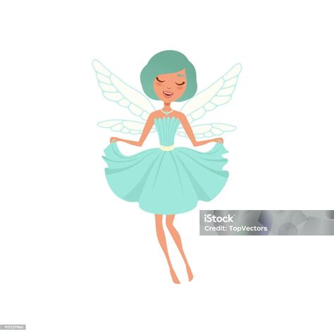 파란 드레스에 웃는 요정 소녀 만화 동화 문자 마법의 날개와 목걸이입니다 아름 다운 상상의 생물입니다 인쇄 또는 엽서에 대 한 평면 벡터 디자인 귀여운에 대한 스톡 벡터