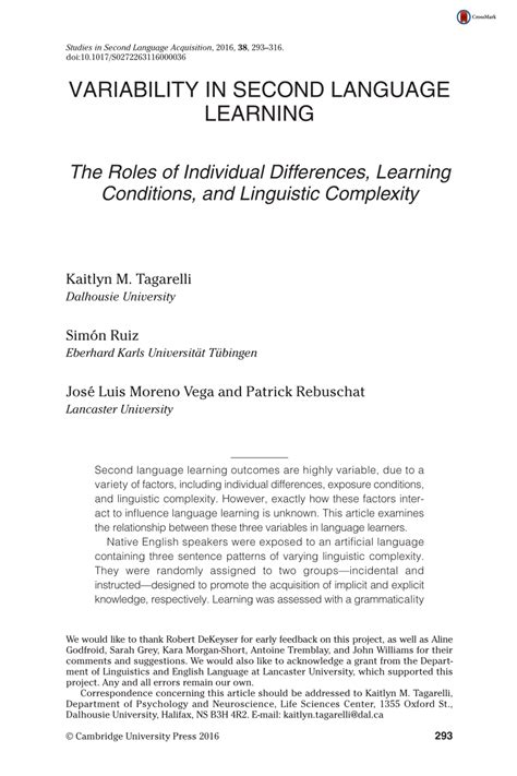 Pdf Variability In Second Language Learning The Roles Of Individual