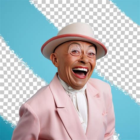 탐정 의 옷 을 입은 오스트레일리아 원주민 민족 의 ⁇ 머리 를 가진 취약 한 고령 여성 이 파스텔 파란색 배경 에 맞춰 장난스러운 웃음 스타일 로 포즈 를 취 하고 있다