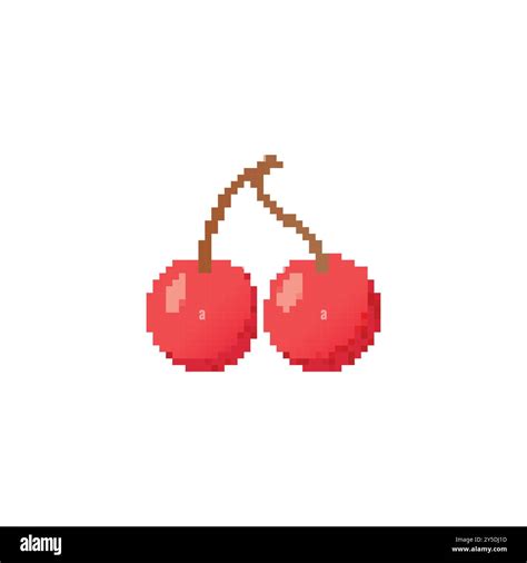 Pixelated Cherries With Simple Design Two Red Cherries Connected By Stems In Pixel Art Style