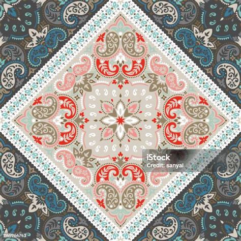 완벽 한 패턴을 기반으로 장식 페이 즐 리 큰 스카프 프린트 벡터 장식 페이 즐 리 큰 스카프 프린트 실크 목 스카프 또는 스카프 사각형 패턴 디자인 스타일 직물 또는