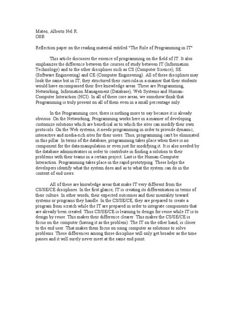 Reflection The Role Of Programming In It Computer Science Computer Programming