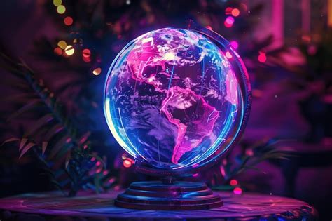 Illuminated Globe With Neon Lights In Dark Setting Futuristic Representation Of Earth With