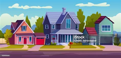 도시 또는 교외 지역 차고 녹색 나무와 진입로 만화 가정 배경 코티지 하우스가 있는 벡터 교외 마을 풍경 현대 건물의 외관 푸른 하늘 만화에 대한 스톡 벡터 아트 및 기타