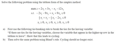 Solved Solve The Following Problem Using The Tableau Form Of