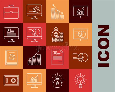 Set Line Light Bulb With Rays Shine And Concept Of Idea Pie Chart Infographic Board Coin