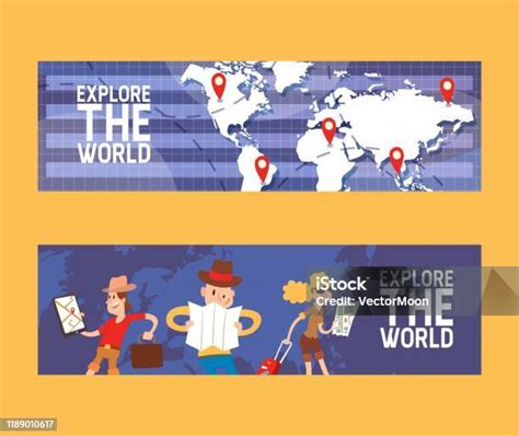 배너 벡터 일러스트의 세계 세트를 탐색할 수 있습니다 위치와 글로브 휴가 및 관광 탐사 개념입니다 지도 배낭 가방이있는 여성 남성 여행자 여름 캠프 하이킹 개념에 대한 스톡