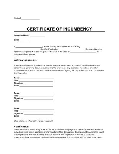 Free Certificate Of Incumbency Template Pdf And Word