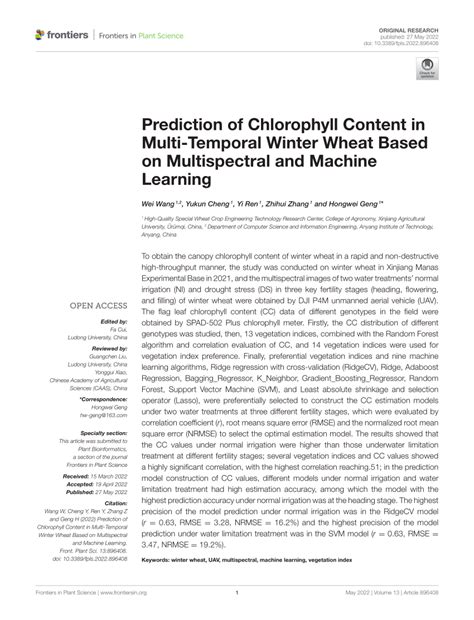 Pdf Prediction Of Chlorophyll Content In Multi Temporal Winter Wheat Based On Multispectral