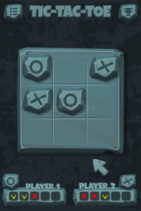 Tic Tac Toe Stone Style Ui Game With Cursor Arrow Vector Cartoon Strategy Game Noughts And