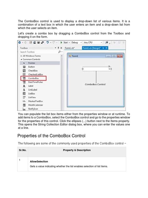Properties Of The Combobox Control Sr No Property And Description