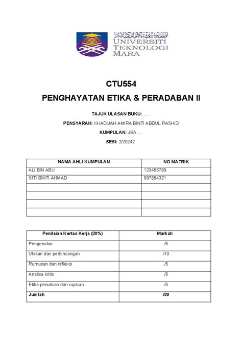 Coursework Templete Of Ctu554 Penghayatan Etika Dan Peradaban Ulasan