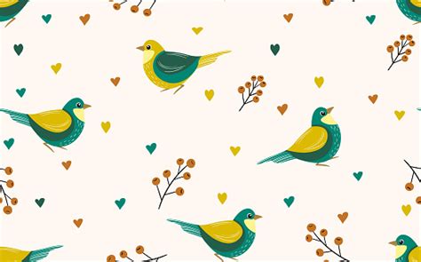 재미있는 다채로운 새 꽃 잎 및 열매가있는 완벽한 패턴 작은 만화 새와 컬러 플랫 벡터 일러스트레이션 귀여운 캐릭터 초대 포스터