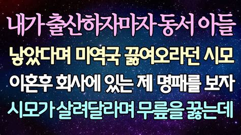 반전 사연 내가 출산 하자마자 동서 아들 낳았다며 미역국 끓여오라던 시모 이혼 후 회사에 있는 제 명패를 보자 시모가 살려달라며 무릎을 꿇는데 사이다사연라디오드라마