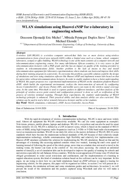 Pdf Wlan Simulations Using Huawei Ensp For E Laboratory In Engineering Schools