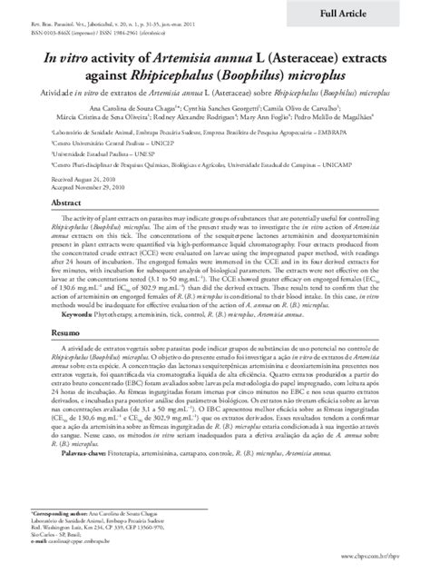 Pdf In Vitro Activity Of Artemisia Annua L Asteraceae Extracts Against Rhipicephalus