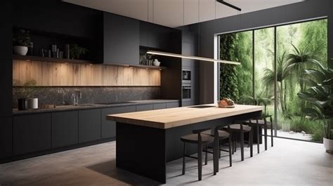 식당과 정원이 내려다보이는 세련된 3d 카운터 주방 고급 주방 주방 캐비닛 주방 인테리어 배경 일러스트 및 사진 무료