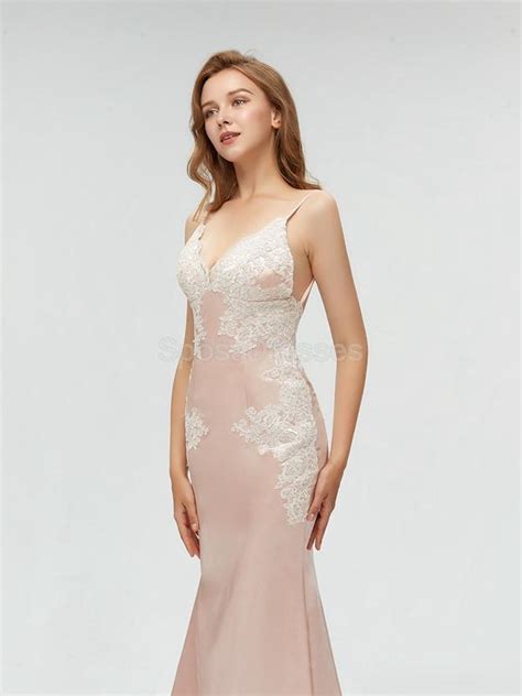 Sexy Backless V Neck Lace Mermaid Long Evening Prom Dresses 17520