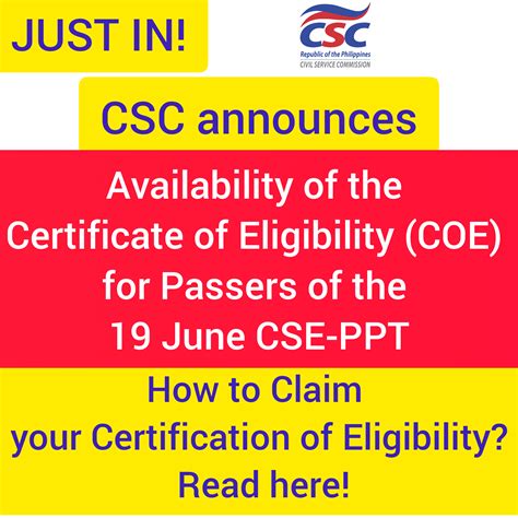 Csc Certificate Of Eligibility Coe For Passers Of The 19 June Cse Ppt Is Now Available