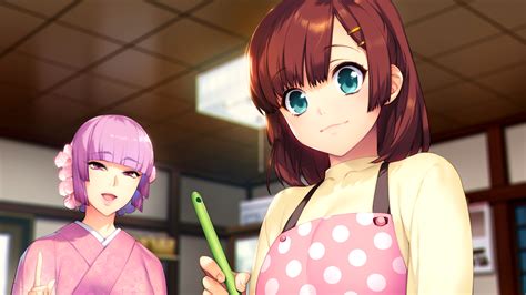 2girls Akeiro Kaikitan Apron Aqua Eyes Brown Hair Fuyou Silkys Plus Game Cg Headdress Hinamori