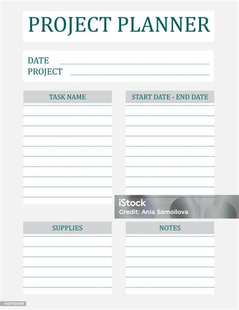 프로젝트 플래너 템플릿 비즈니스 메모장 페이지를 위한 간결한 디자인입니다 비즈니스 주최자 프로젝트 일정 문자 형식 벡터 그림