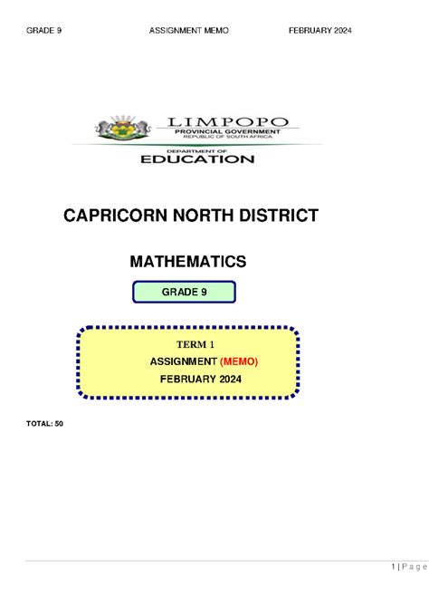 Grade 9 Term 1 2024 Assignment Memorandum Capricorn North District Mathematics Total 50 Grade