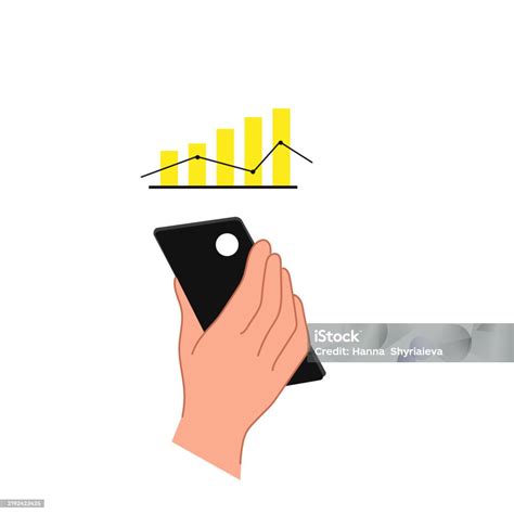 스마트폰을 손에 들고 위에 떠오르는 그래프 아이콘이 있습니다 모바일 분석 및 비즈니스 성장 모니터링 재무 진행 및 성공 계획의 개념 Brand Name Smart Phone