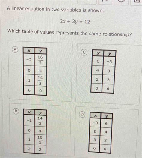 A Linear Equation In Two Variables Is Shown 2x3y12 Which Table Of Values Represents The Math