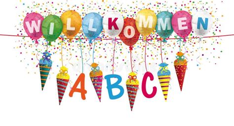 Willkommen Balloons Hanging Candy Cones Abc White Header Stock Vector