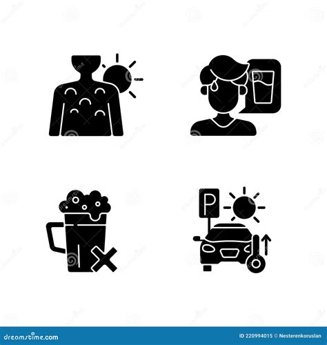 Sunstroke Precaution Black Glyph Icons Set On White Space Stock Vector