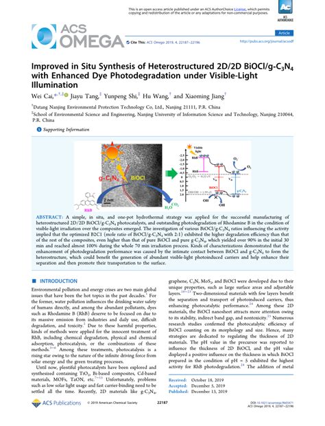 Pdf Improved In Situ Synthesis Of Heterostructured 2d2d Bioclg C3n4 With Enhanced Dye