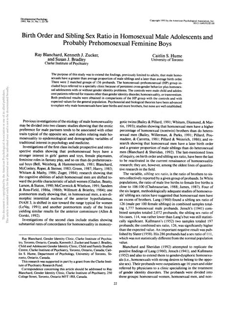 PDF Birth Order And Sibling Sex Ratio In Homosexual Male Adolescents And Probably