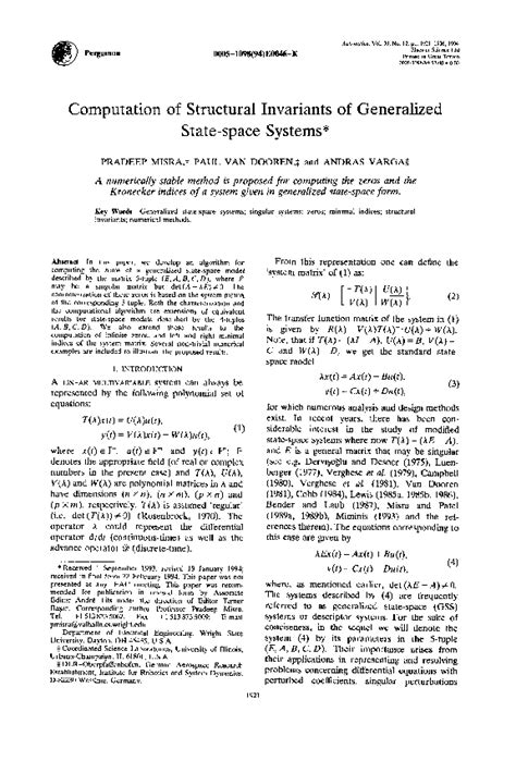 Pdf Computation Of Structural Invariants Of Generalized State Space