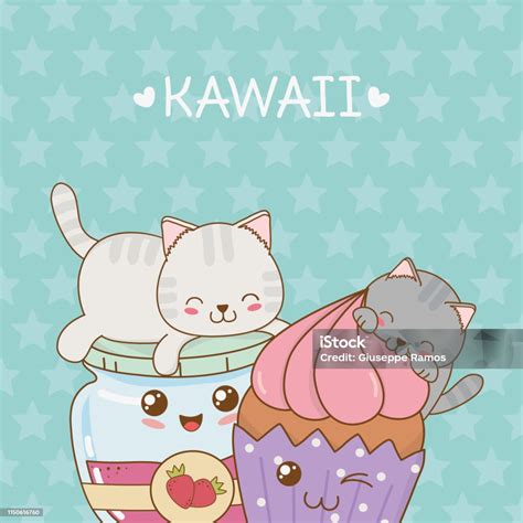 잼을 가진 귀여운 작은 고양이와 컵 케 잌은 귀 엽 다 캐릭터 가축에 대한 스톡 벡터 아트 및 기타 이미지 가축 고양이