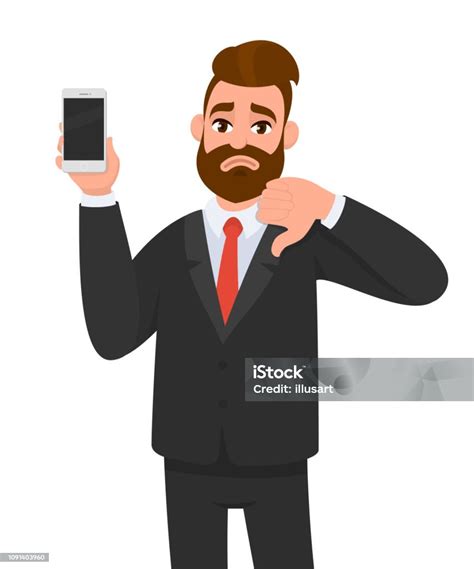불행 한 실업가 새로운 스마트폰 모바일 휴대폰을 손에으로 지주 표시 및 몸짓 기호 아래로 엄지 인간의 감정과 신체 언어 개념 그림 벡터에서 감정에 대한 스톡 벡터 아트 및