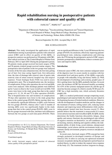 Pdf Rapid Rehabilitation Nursing In Postoperative Patients With