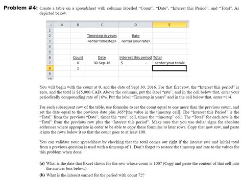 Problem 4 Create A Table On A Spreadsheet With