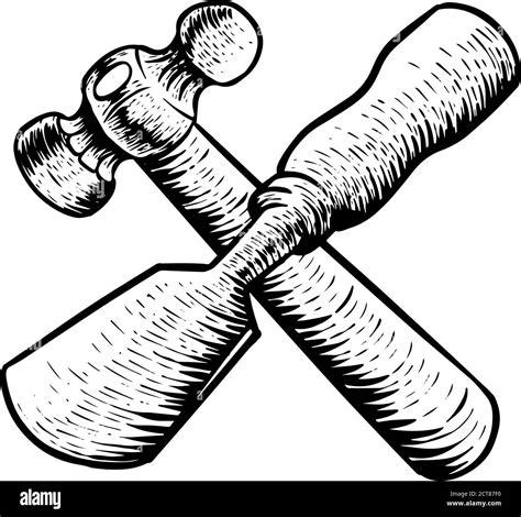 Hammer And Chisel Icon In Sketch Style Woodworking Tool Vector Illustration Stock Vector Image