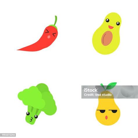 야채와 과일 귀여운 가와이이 플랫 디자인 롱 섀도우 캐릭터 세트 개체 그룹에 대한 스톡 벡터 아트 및 기타 이미지 개체 그룹 고추류 과일 Istock